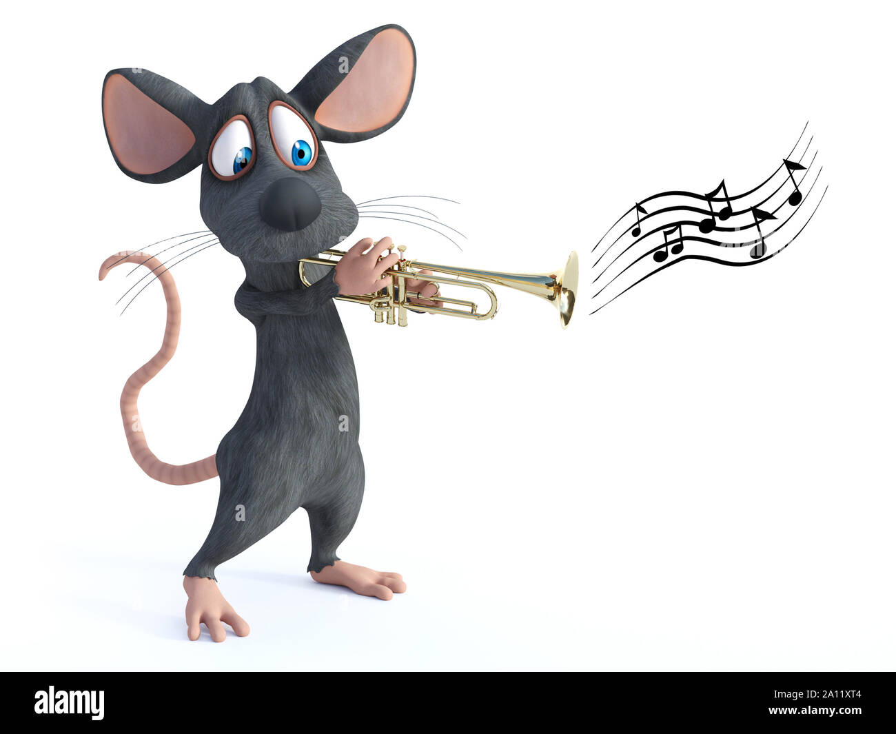 3D rendering of a cute cartoon mouse playing a trumpet. White ...