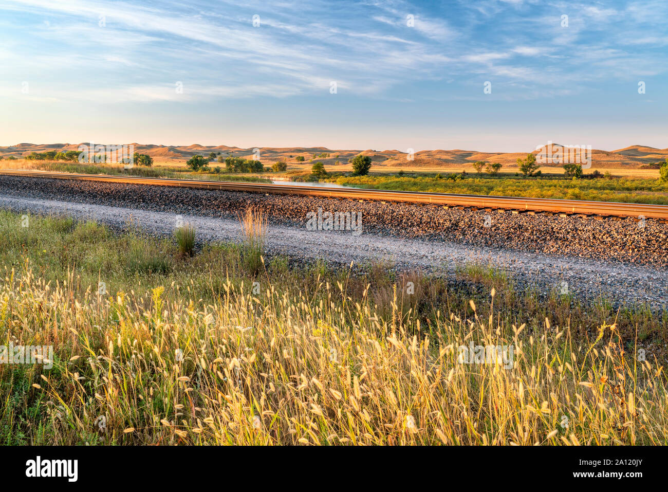 railway tracks along a valley of the Middle Loup River in Nebraska ...