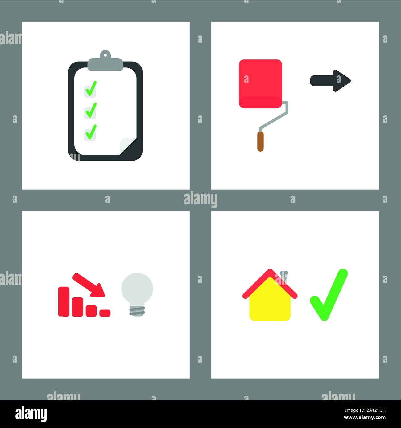 Vector icon concept set. Clipboard with check marks, paint toller ...