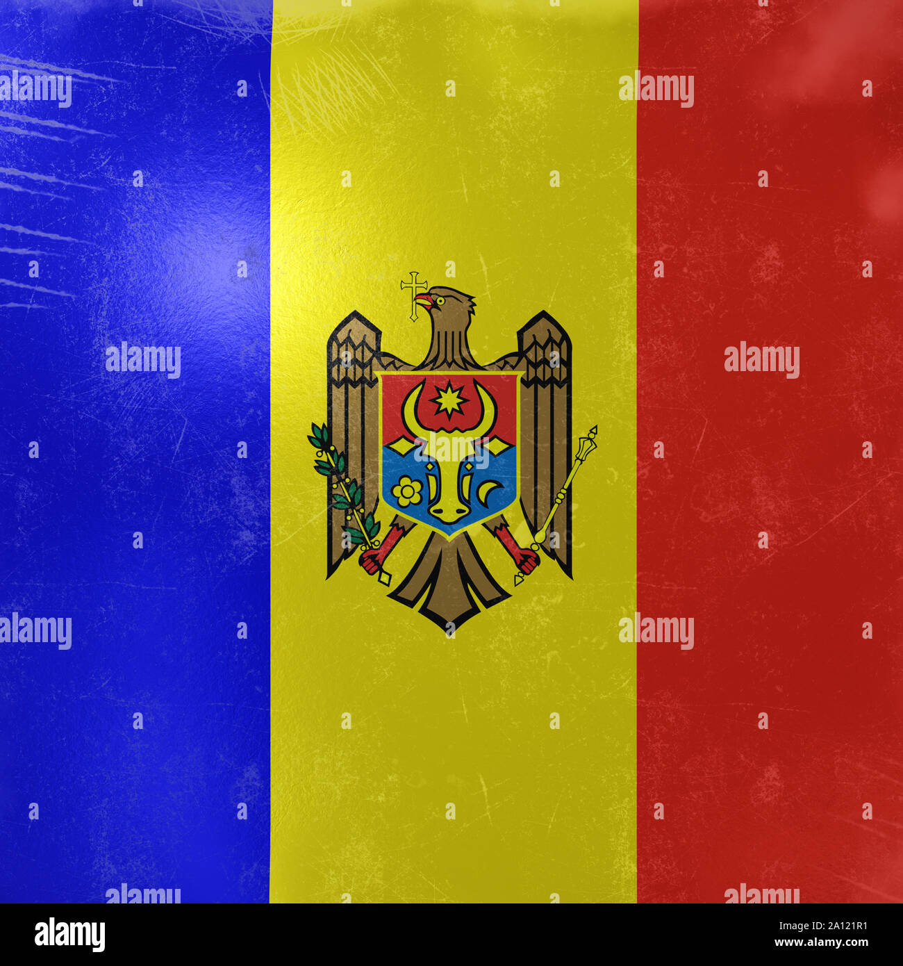 3d rendering of a rusty and old Moldova flag on a metallic surface ...