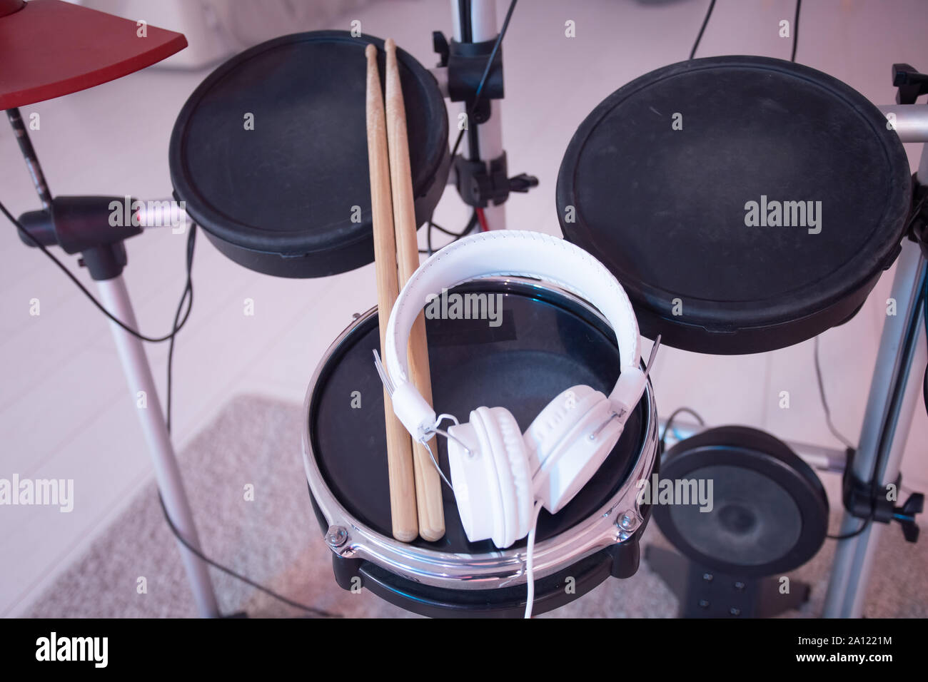 Musical instruments, hobby and music concept - headphone, drumsticks on ...