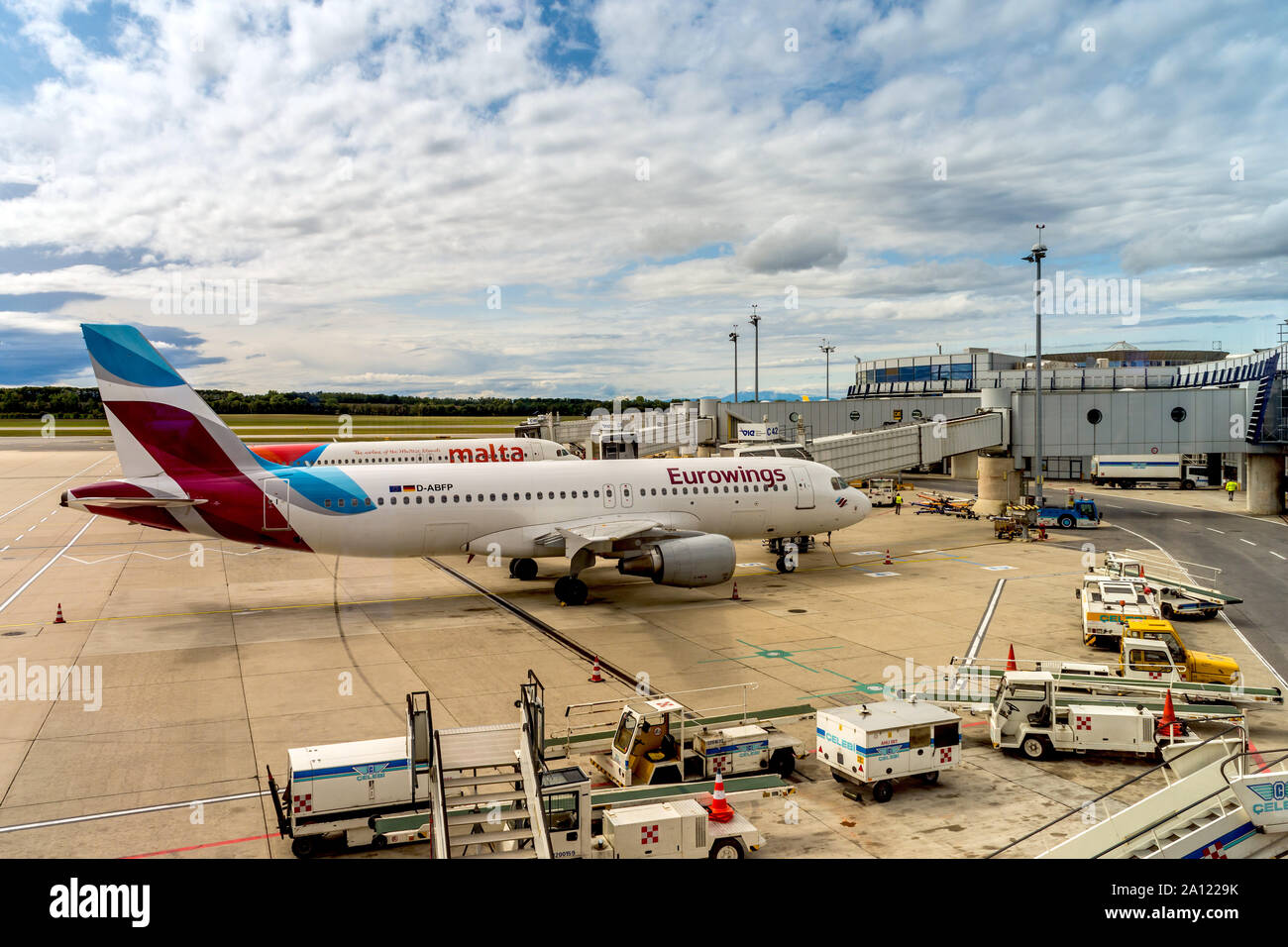 Eurowings Airbus A320 on the tarmac loading bay at Vienna International ...