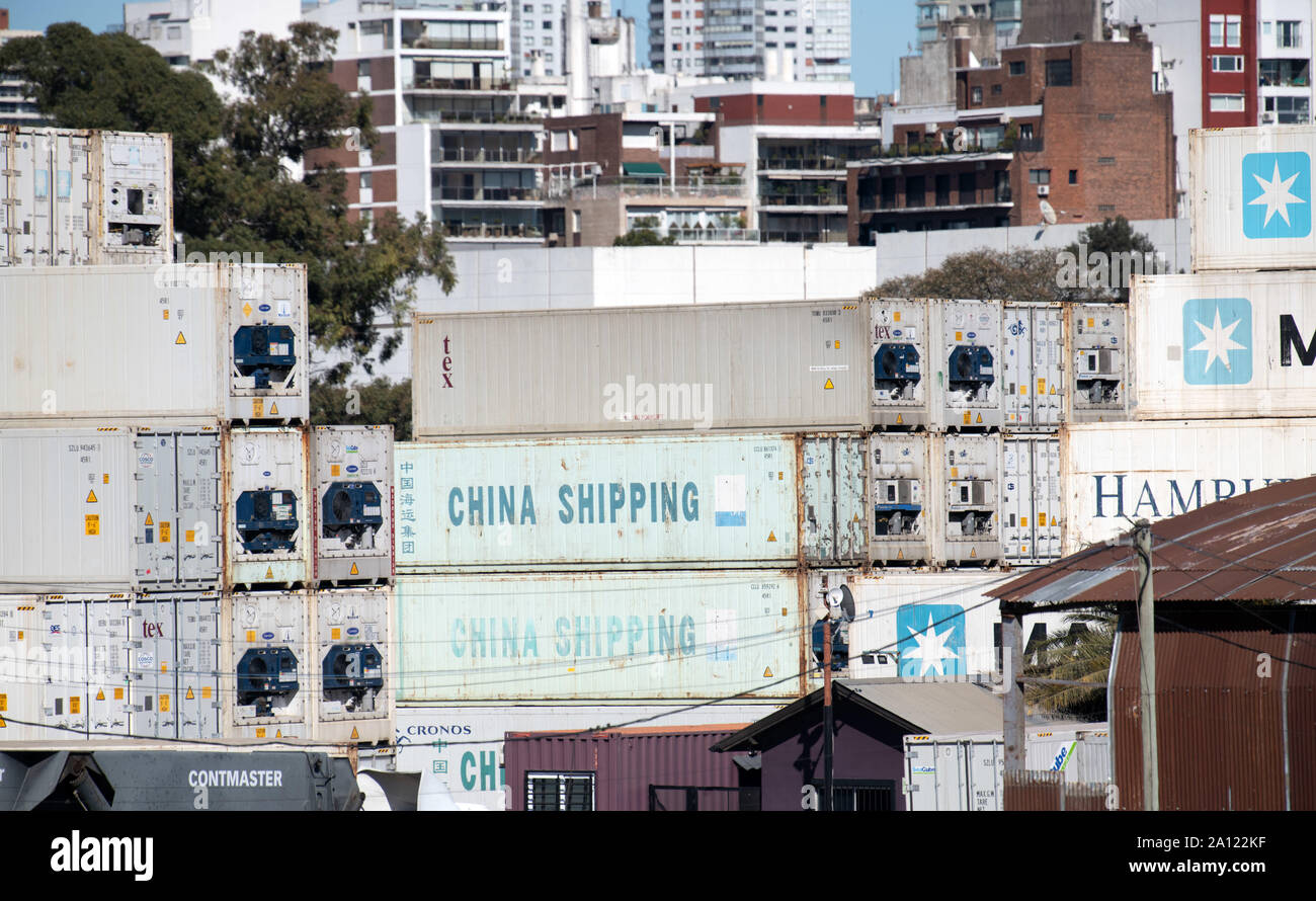 Ship containers stand in front of the skyline of Buenos Aires. | usage ...