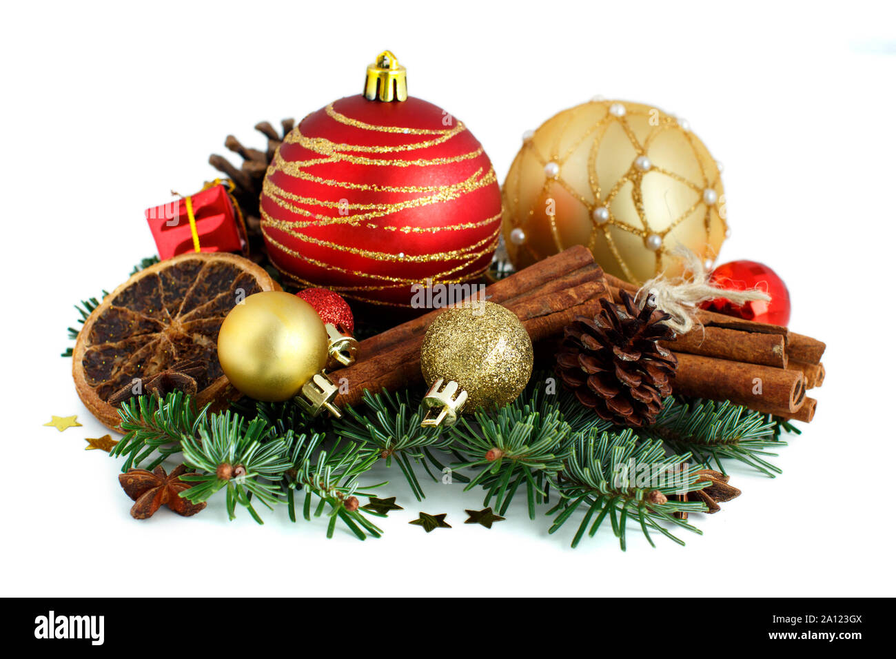 Christmas composition with spices and ornaments on white Stock Photo ...