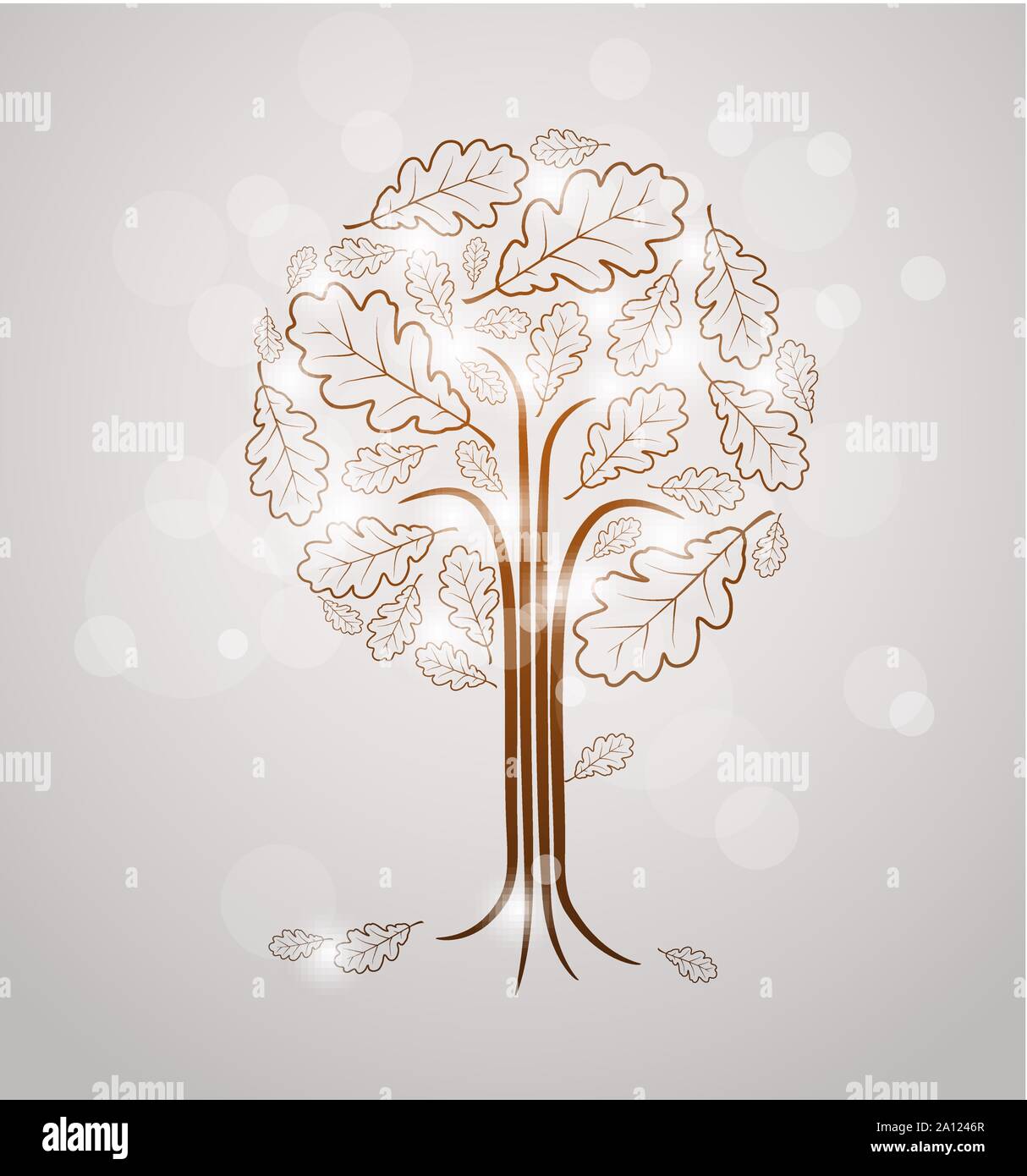 Vintage abstract tree drawing made from oak leafs and white lights ...