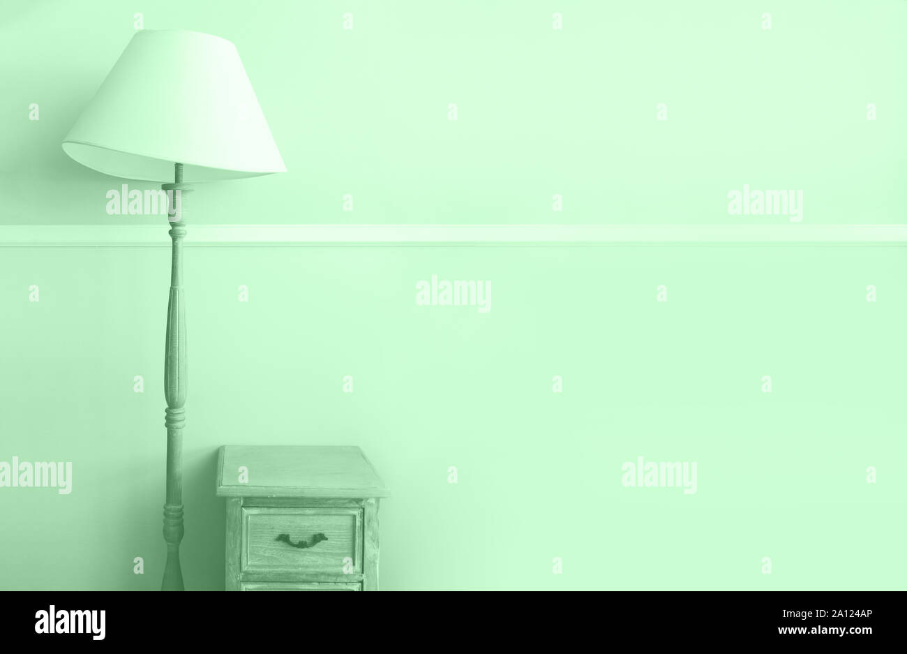 Floor torch lamp, wooden nightstand, curtains on trendy mint color wall ...