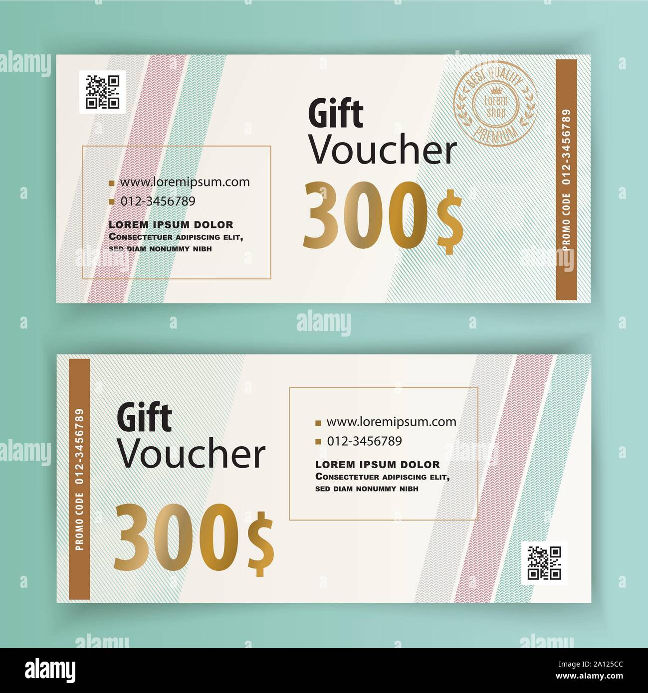 Voucher template with stripes and gold design elements. Value 300 ...