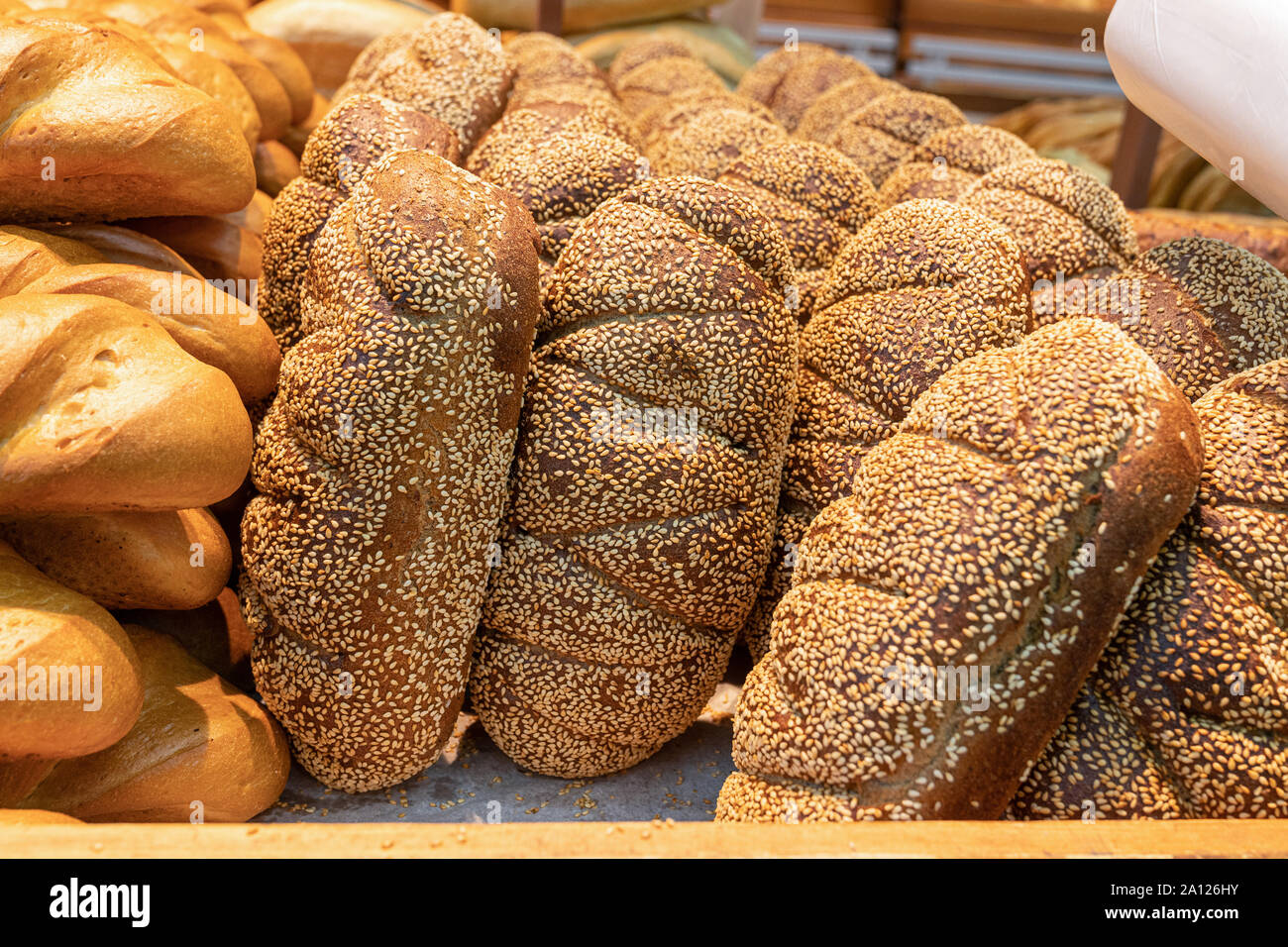 bakery in the supermarket. bread on the counter in the store Stock ...