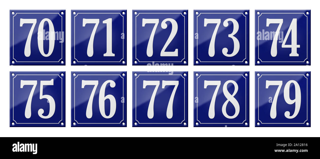 Set of traditional blue enamel signs - Numbers 70- 79 Stock Photo - Alamy