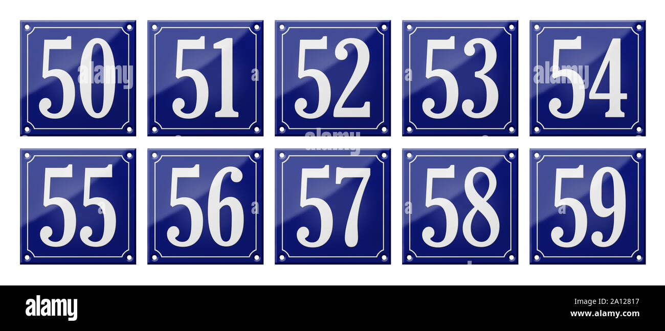 Set of traditional blue enamel signs - Numbers 50- 59 Stock Photo - Alamy