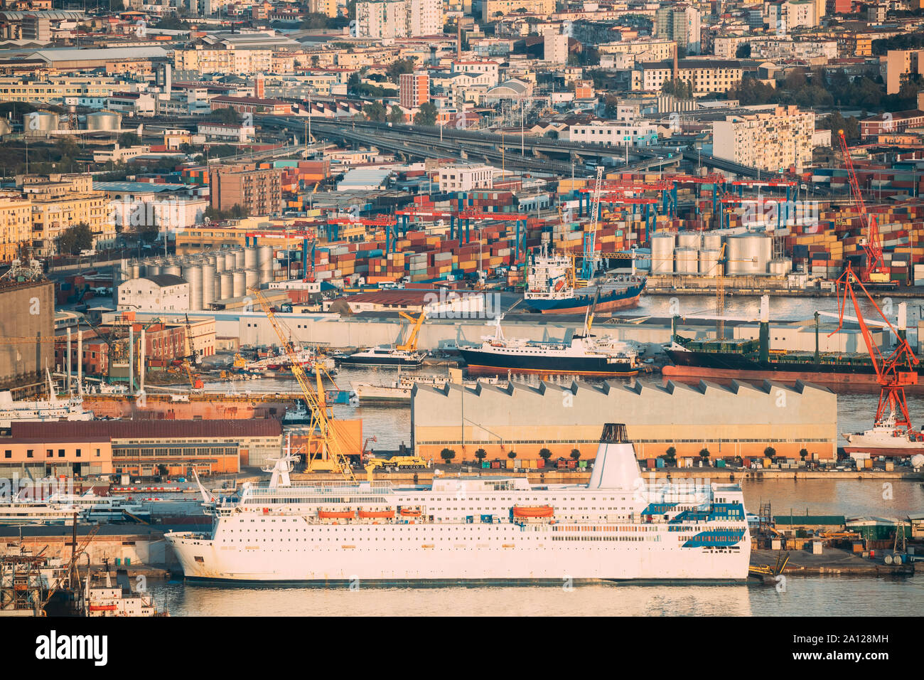 Naples, Italy. Top View Of Barge Freight Ship Tanker And Container ...