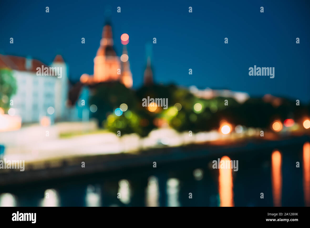 Riga, Latvia. Night Abstract Boke Bokeh Background Effect. Design Backdrop. Dome Cathedral In ...
