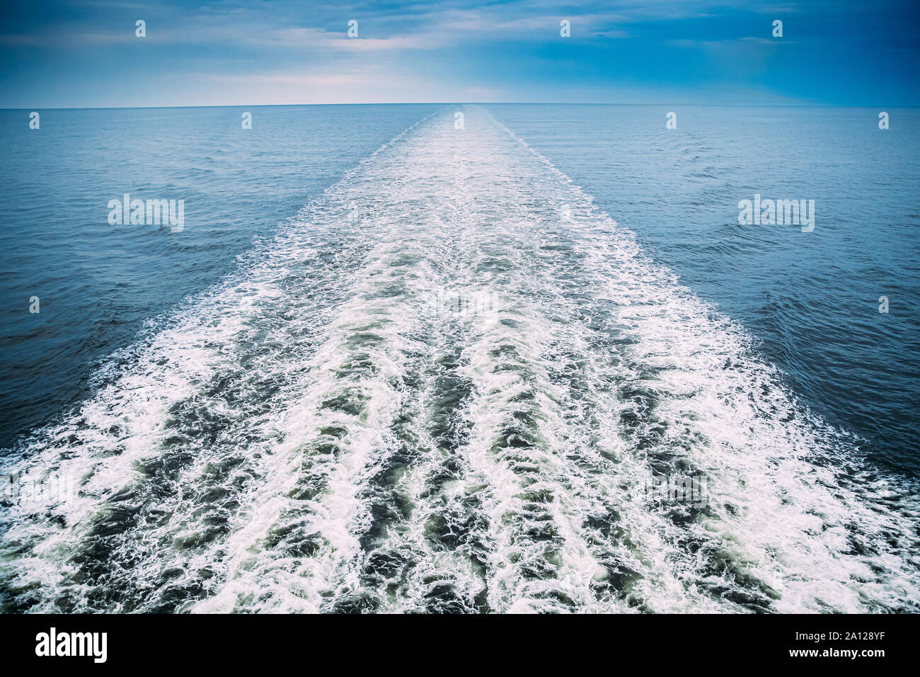 Sea. Water Ocean Waves Trails From Floating Ship Or Ferry Boat. Top ...