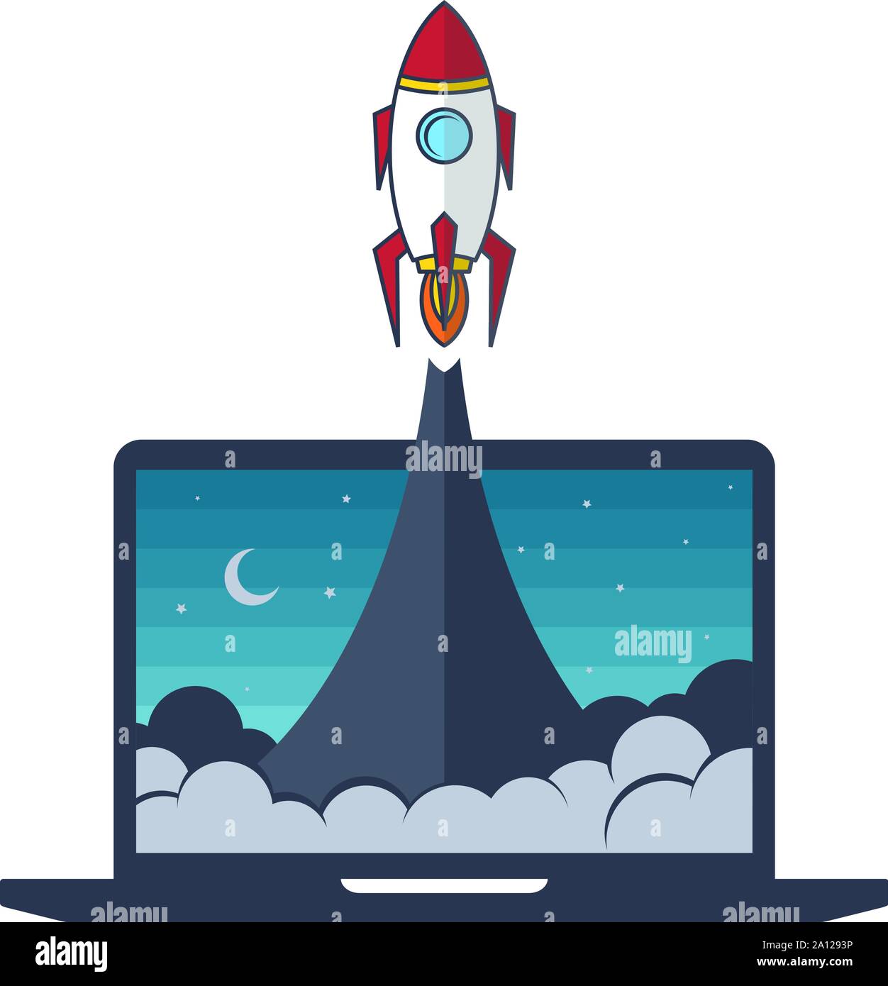 notebook laptop boost start up space rocket shuttle theme vector Stock ...