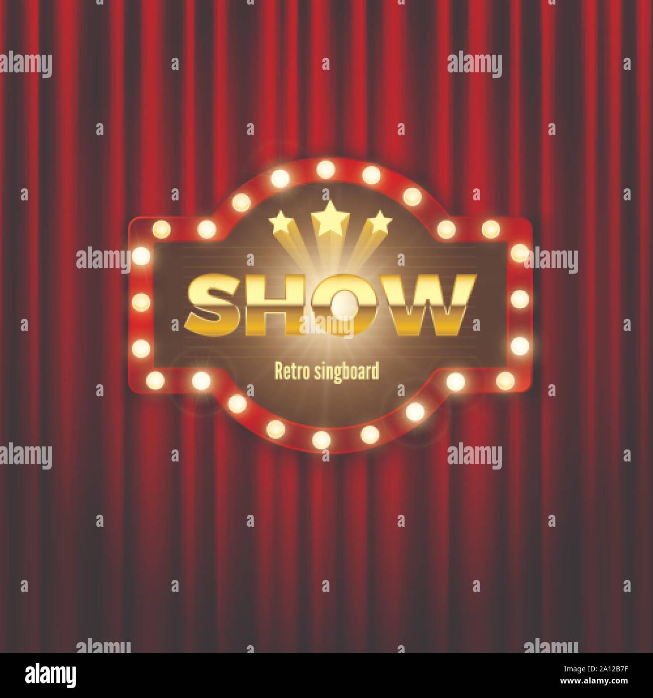 Retro signboard with shiny lights. Advertising banner on curtain ...