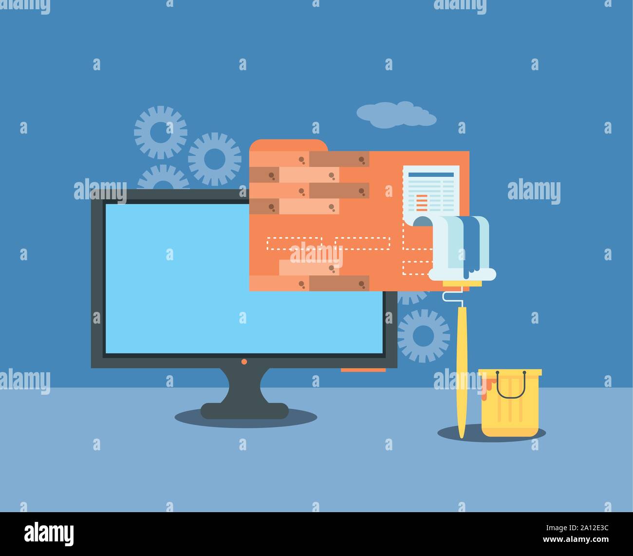website under construction with desktop computer vector illustration ...