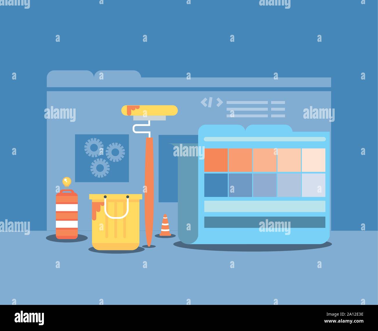 website under construction with desktop computer vector illustration ...