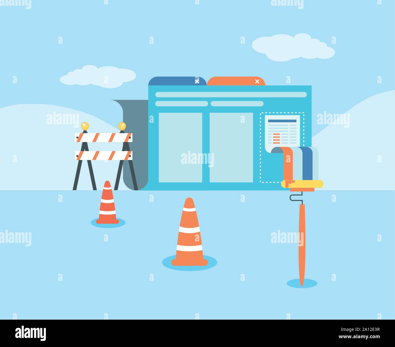 website under construction with desktop computer vector illustration ...