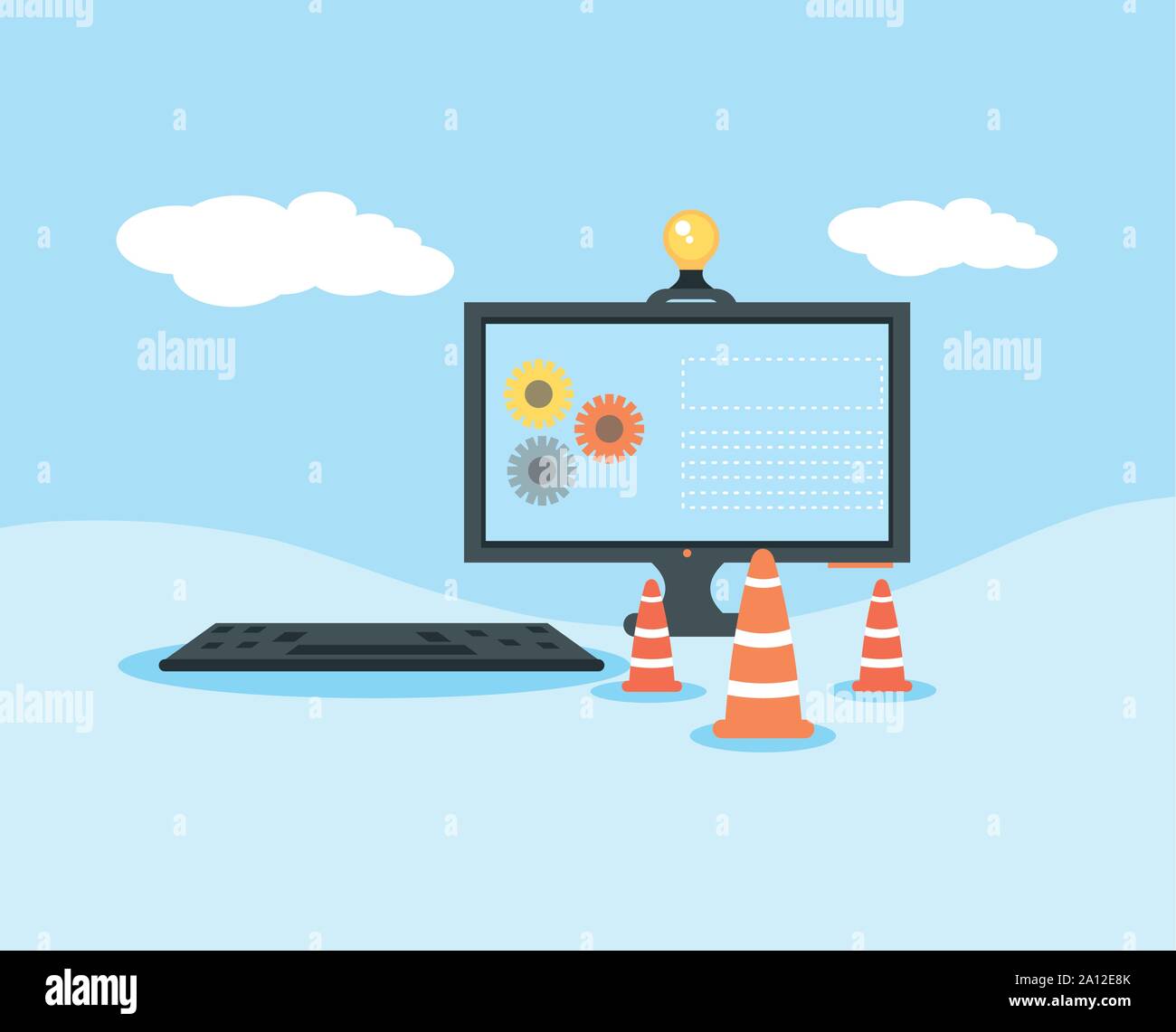 website under construction with desktop computer vector illustration ...