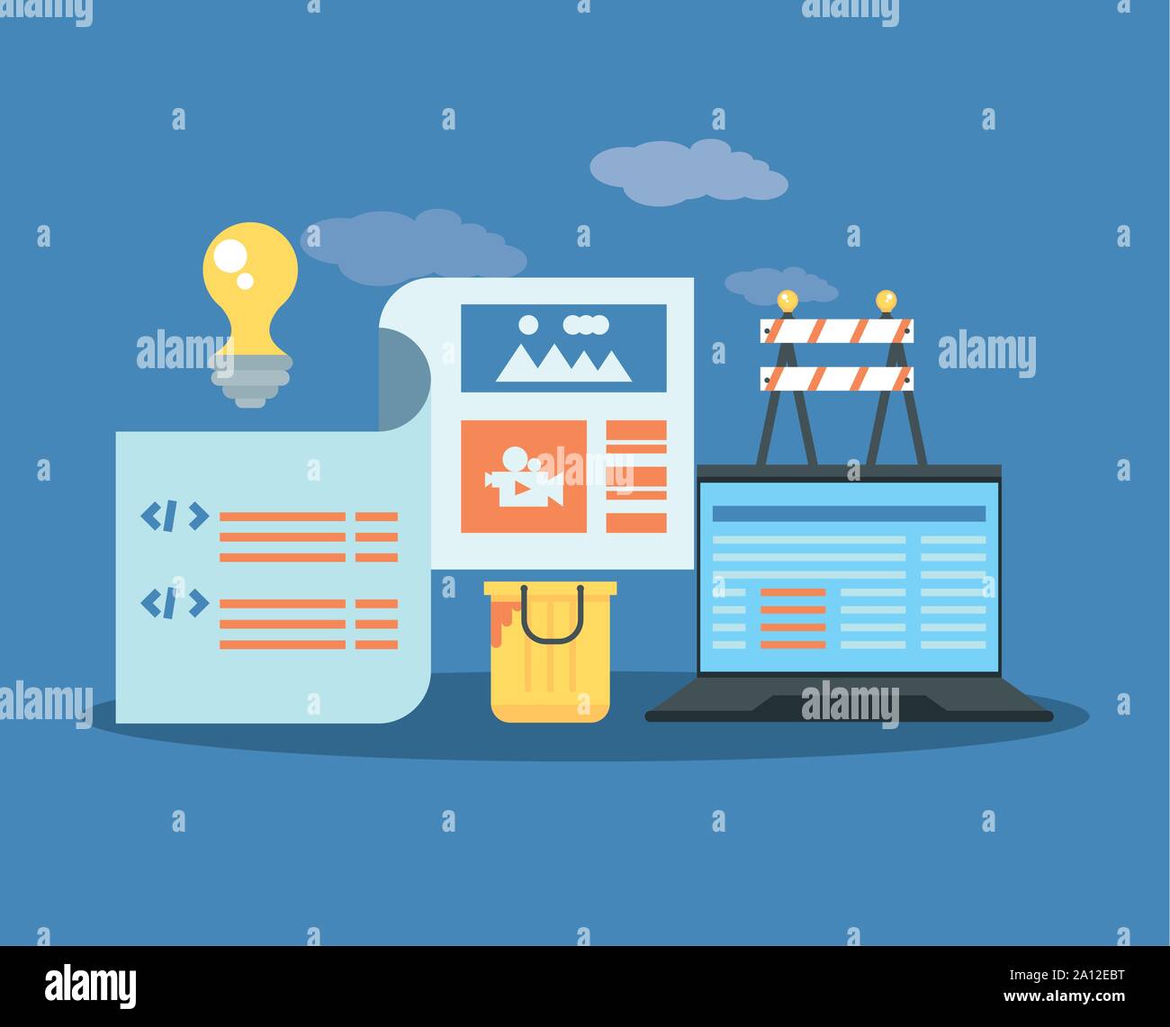 website under construction with desktop computer vector illustration ...