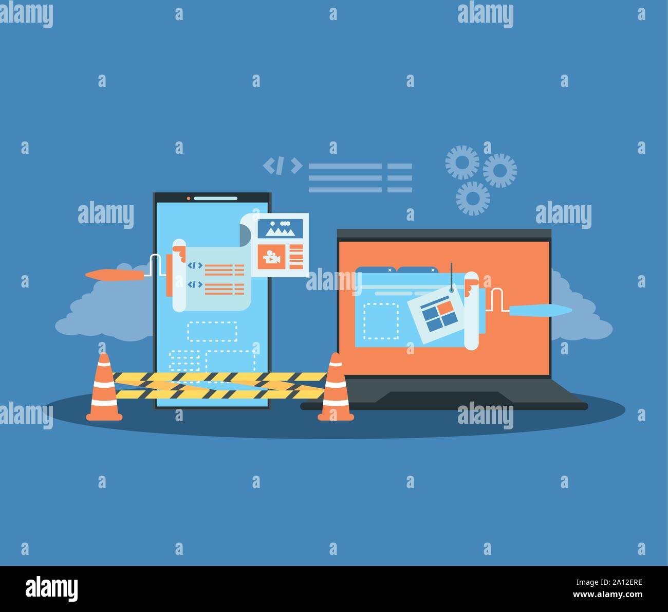 website under construction with desktop computer vector illustration ...
