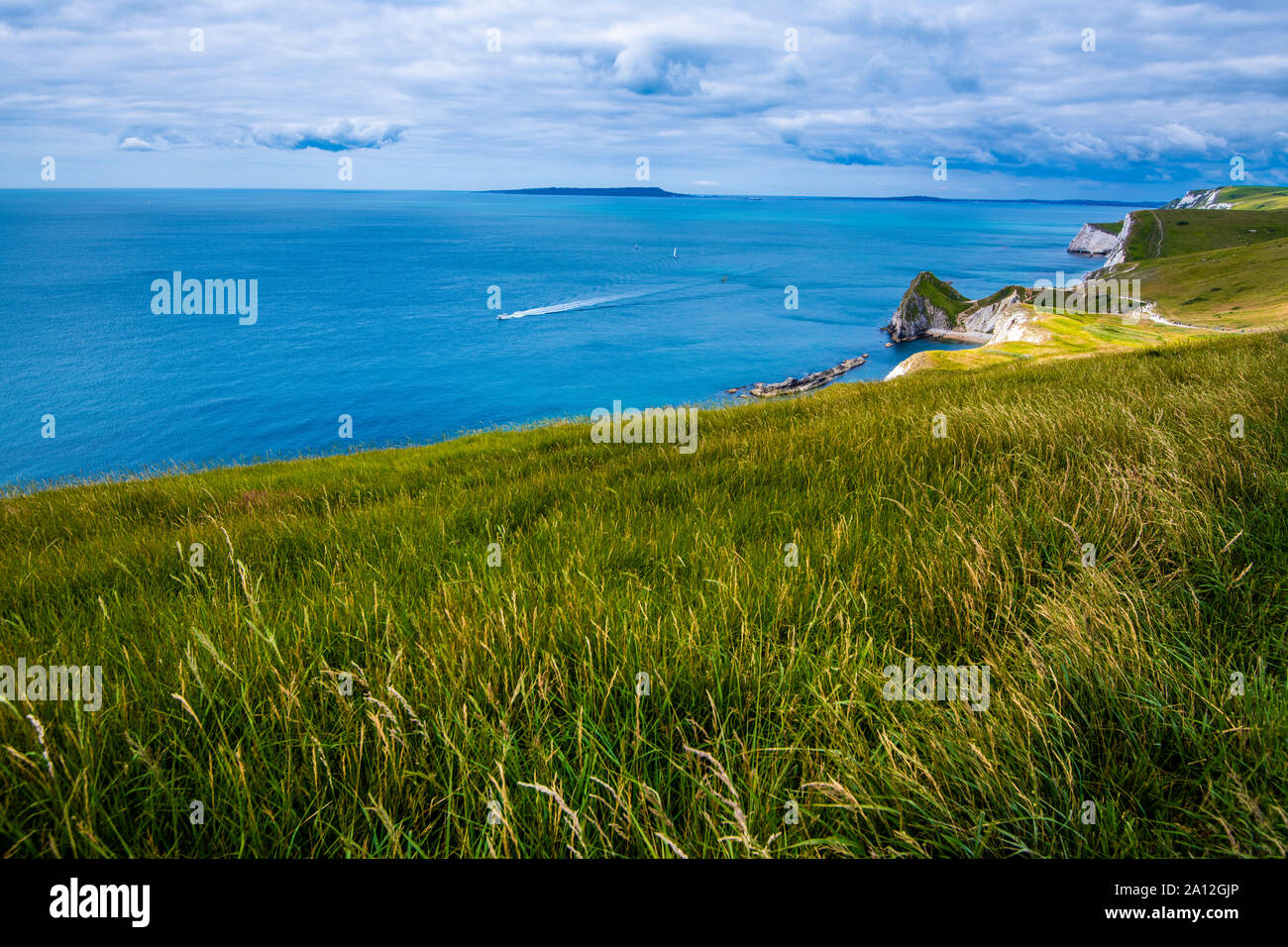 View towards Portland, Dorset, England, from Lulworth Cliffs above ...