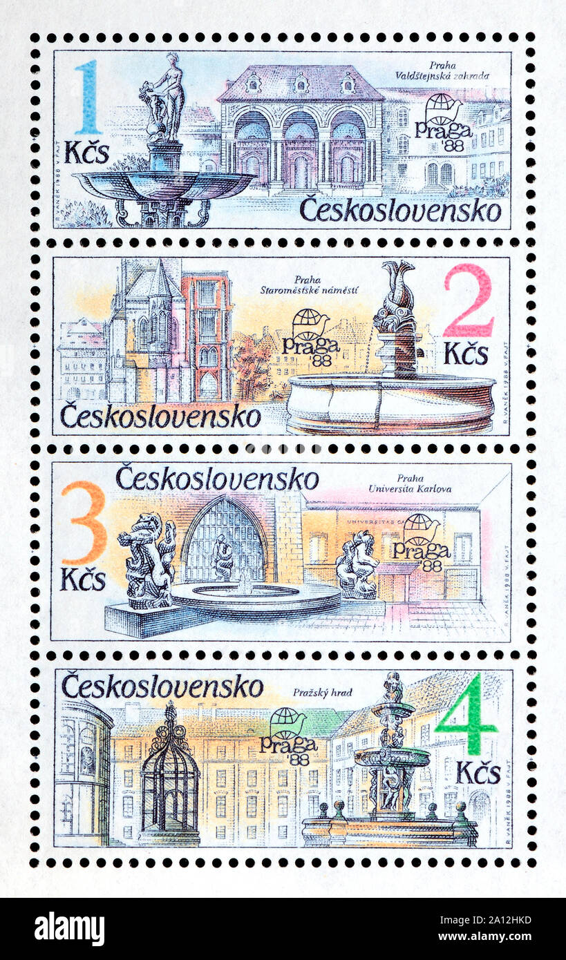 Czechoslovakian postage stamp mini-sheet (1988) : Prague Fountains ...