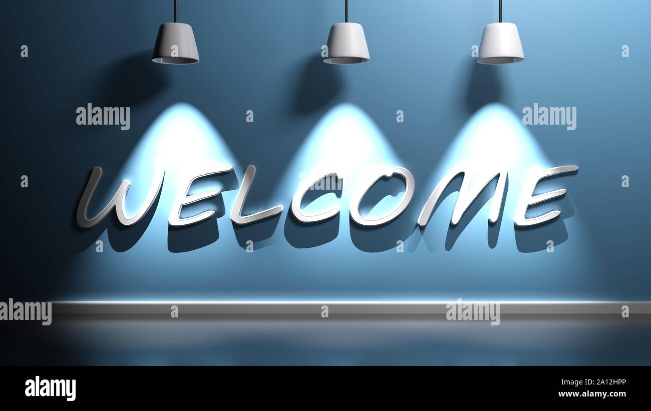 WELCOME white write at a blue wall with three lamps - 3D rendering ...
