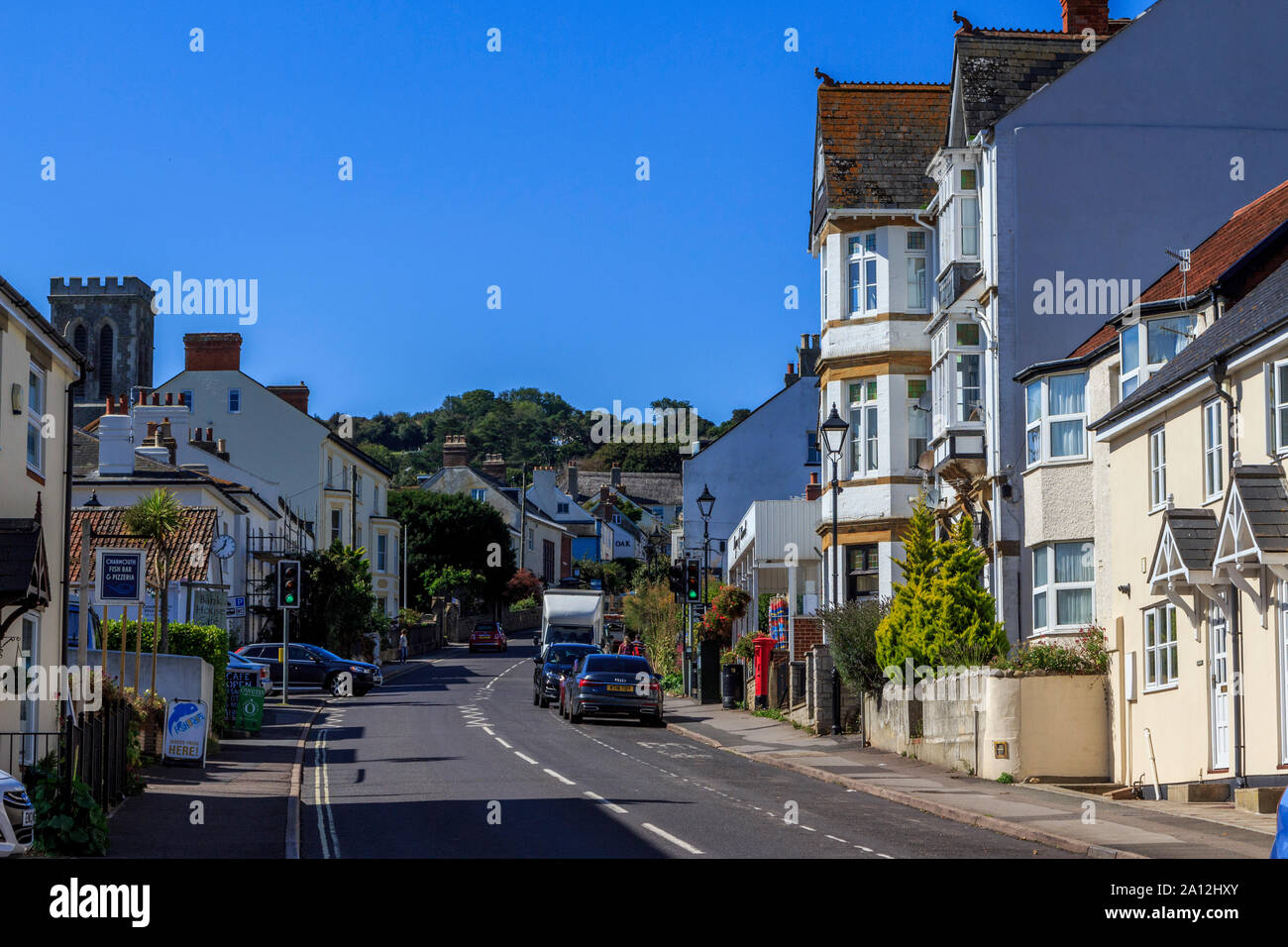 charmouth seaside resort town centre scenic high street, fossil hunting ...