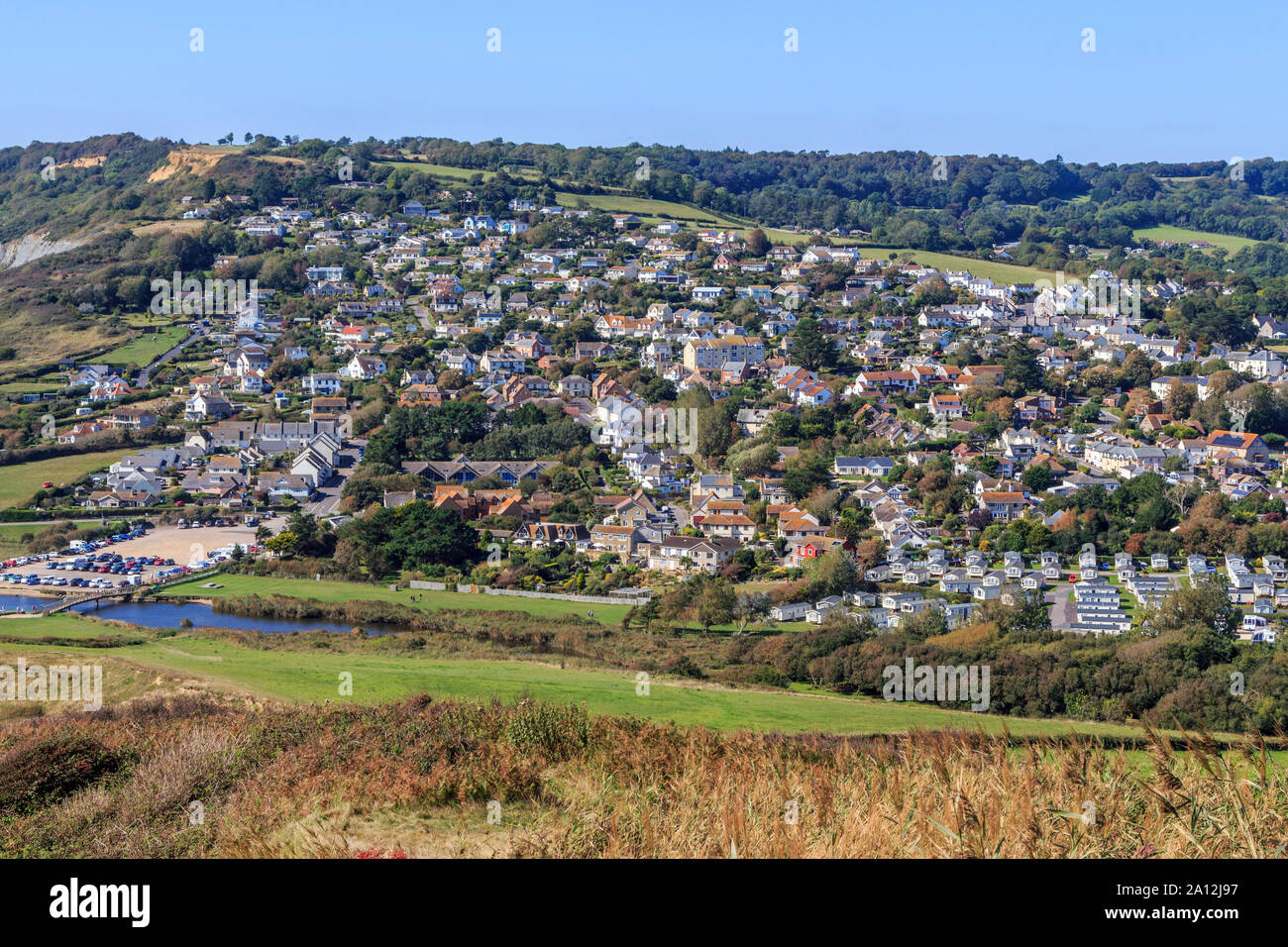 charmouth seaside resort, crumbling cliff strata, fossil hunting, south ...