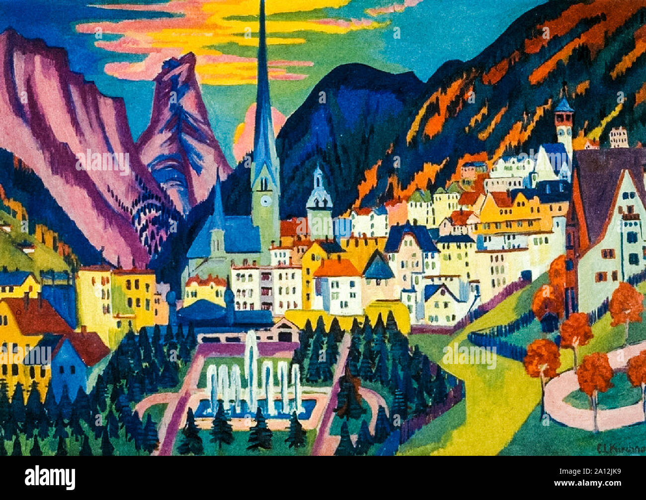 Ernst Ludwig Kirchner, Davos with Church, (Davos in Summer), landscape ...