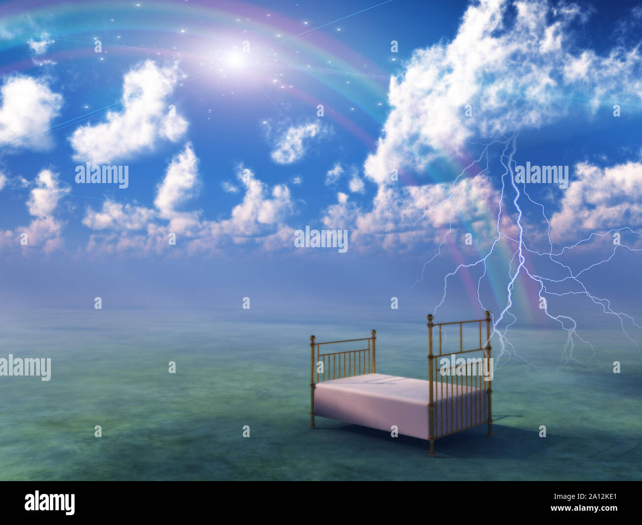 Infinite Dream. Bed in fantasy landscape Stock Photo - Alamy