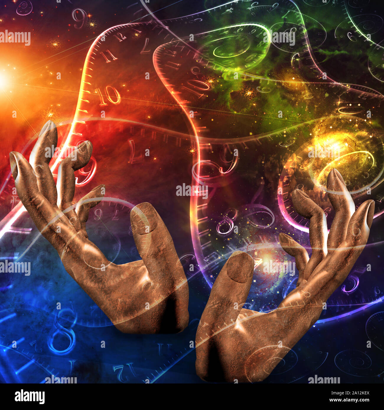 Hands manipulate space time and matter. Physics. Surreal art Stock ...
