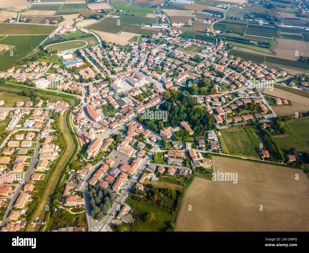 Drone view of a little town in north of italy Stock Photo - Alamy