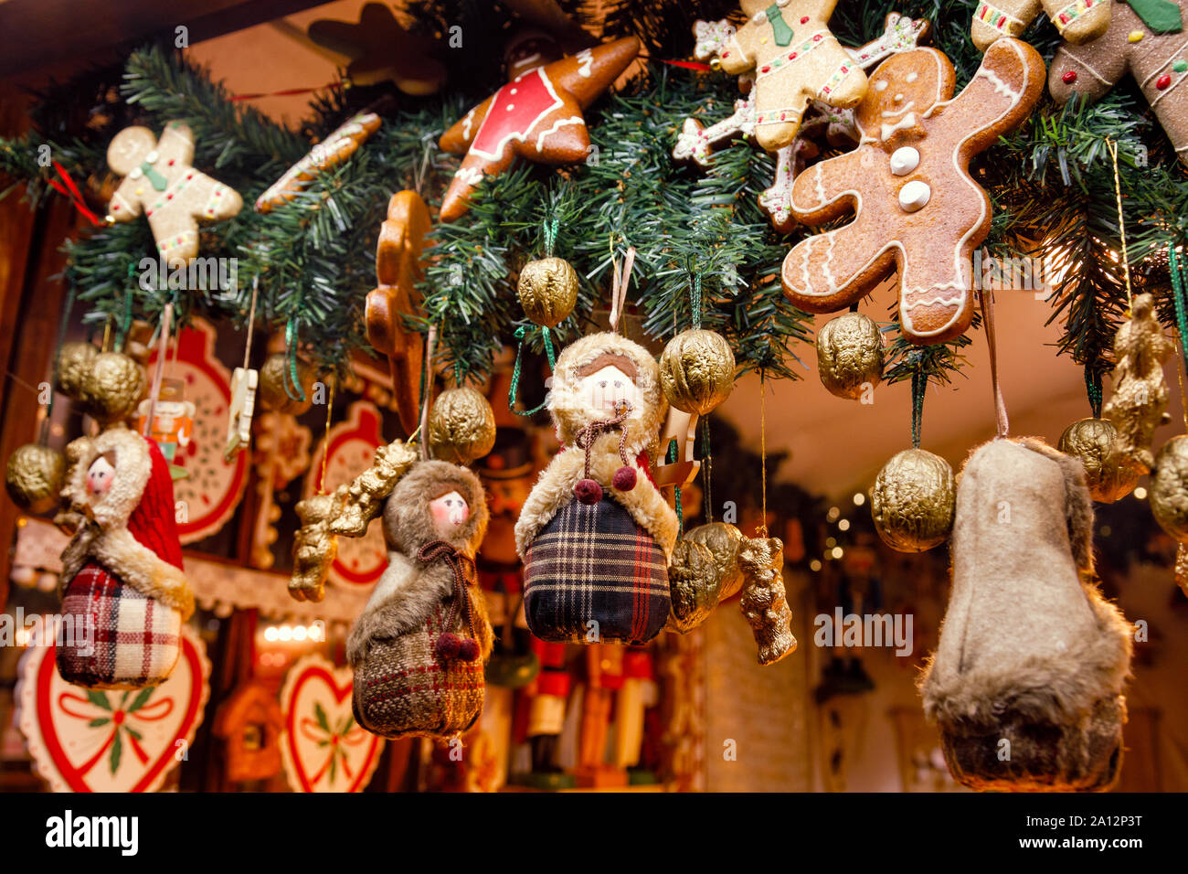 Traditional seasonal items and gifts at Christmas market ...