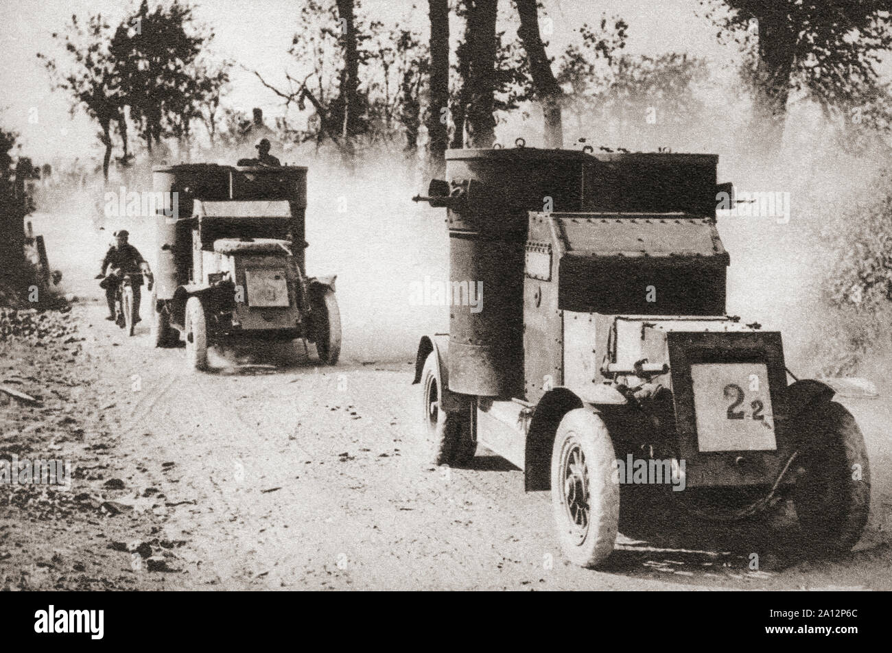 Armoured cars at Biefvillers, France setting out on a reconnaissance ...