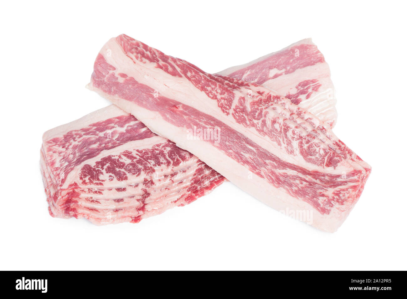 Raw beef bacon slices isolated on white background Stock Photo - Alamy