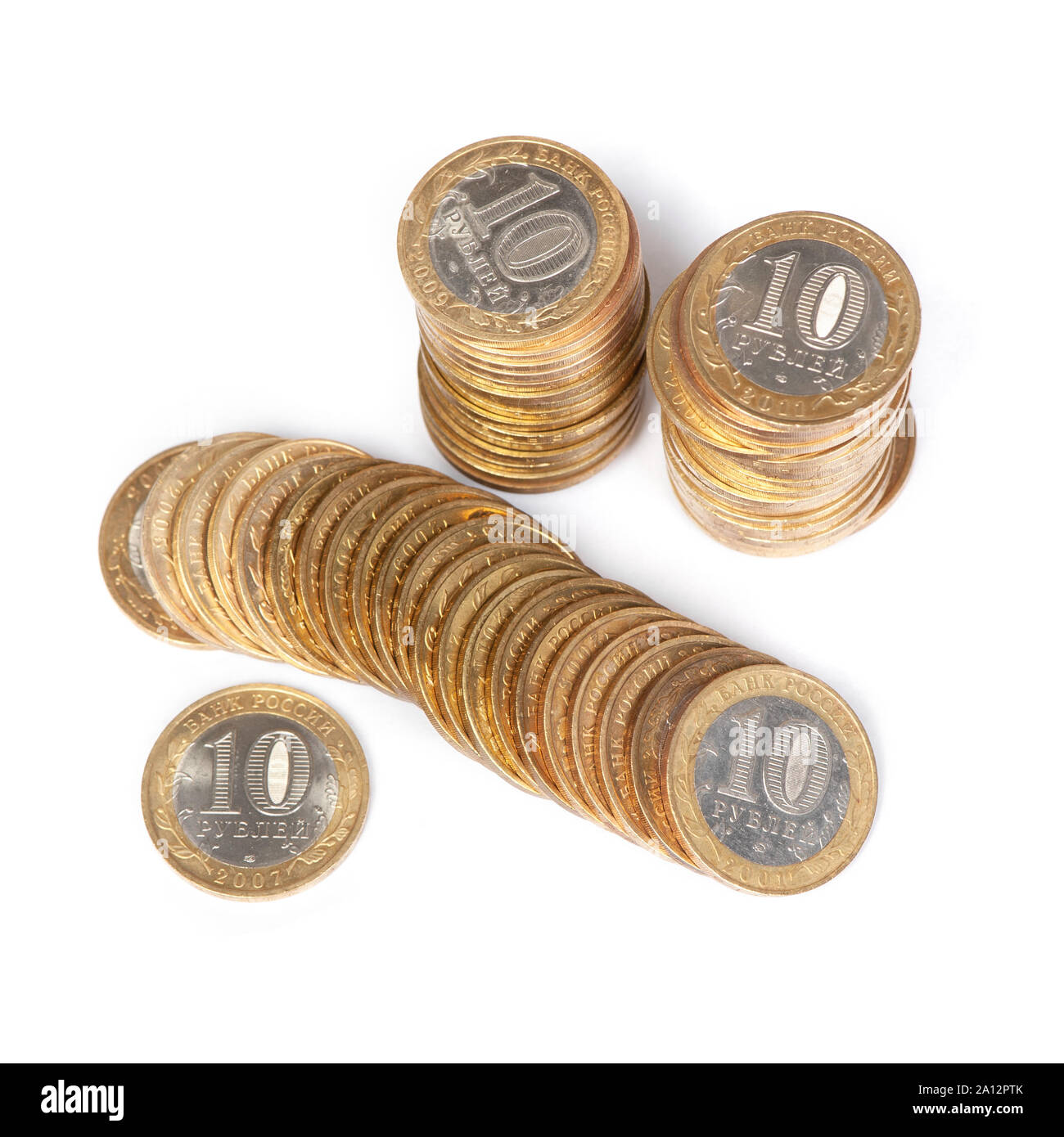 Stack of Russian jubilee coins of ten rubles isolated on white ...