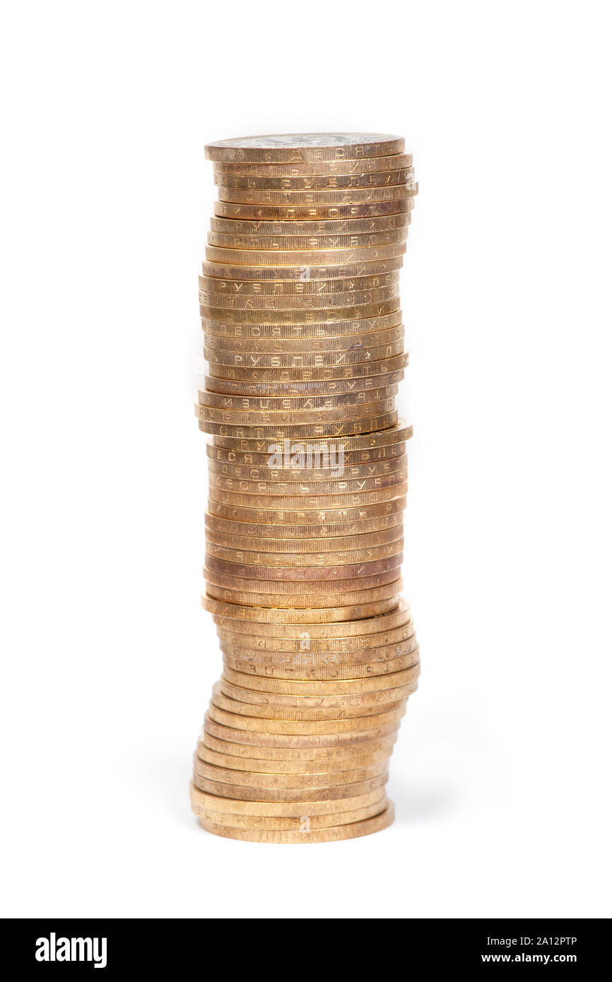 Stack of Russian jubilee coins of ten rubles isolated on white ...
