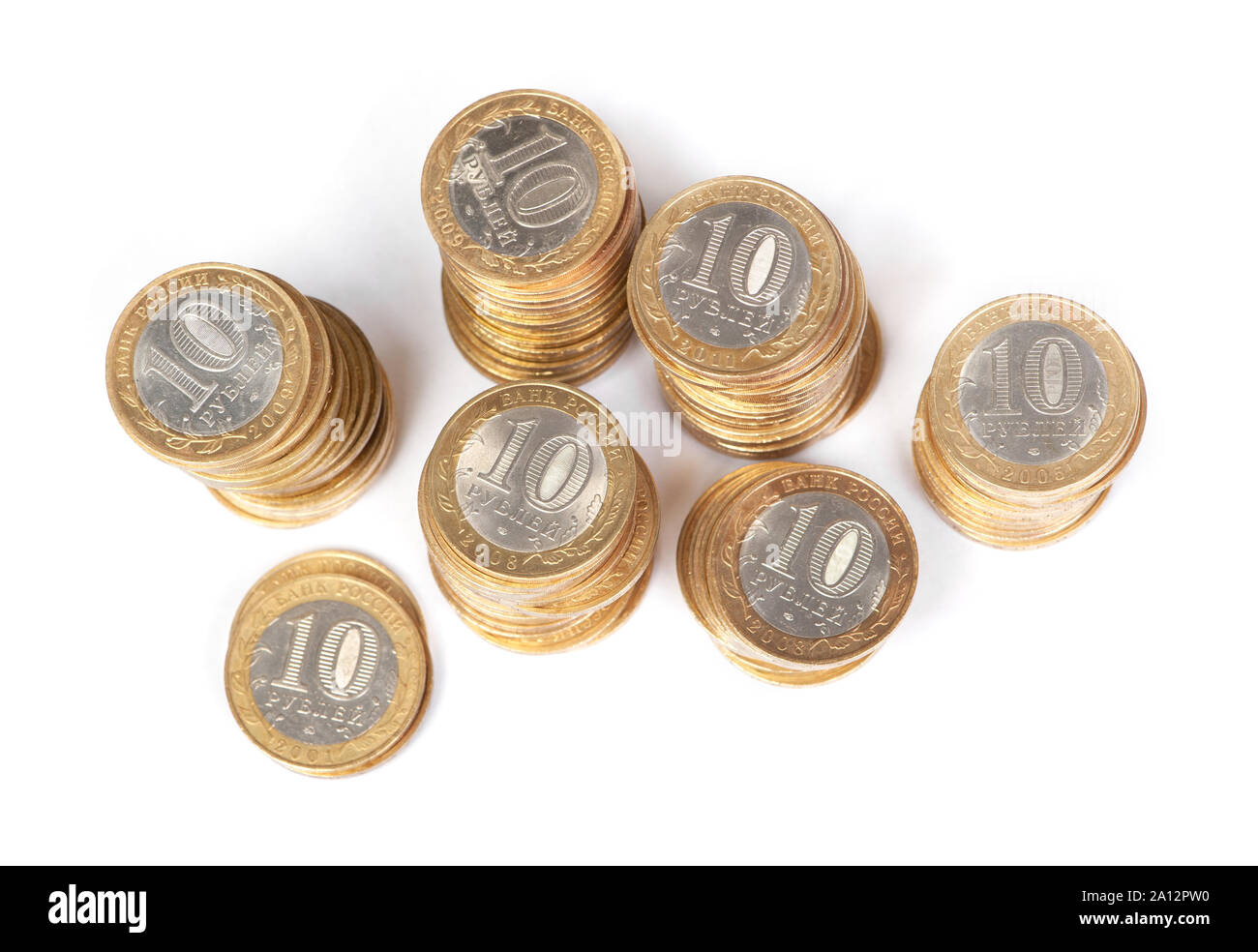 Stack of Russian jubilee coins of ten rubles isolated on white ...