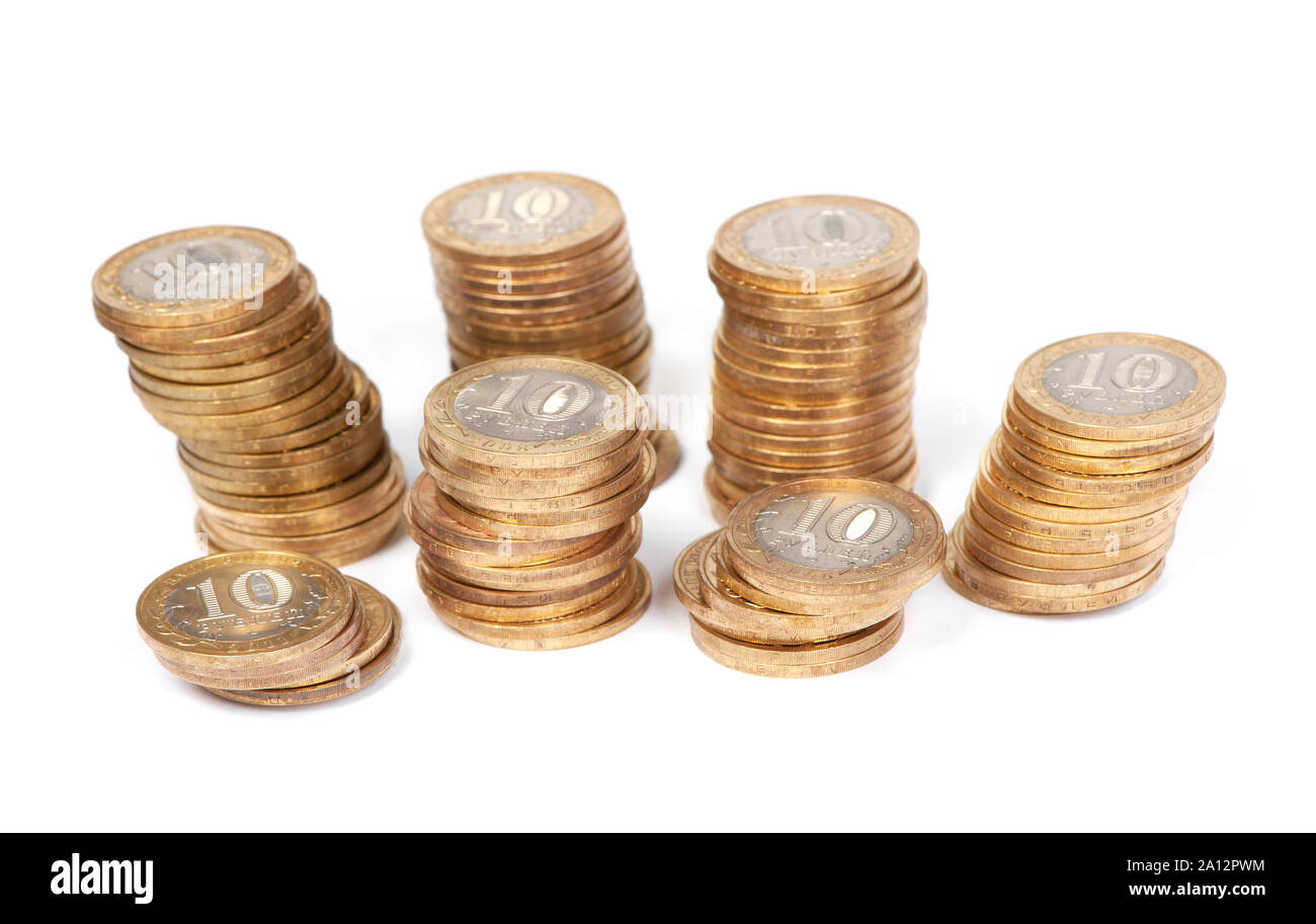 Stack of Russian jubilee coins of ten rubles isolated on white ...
