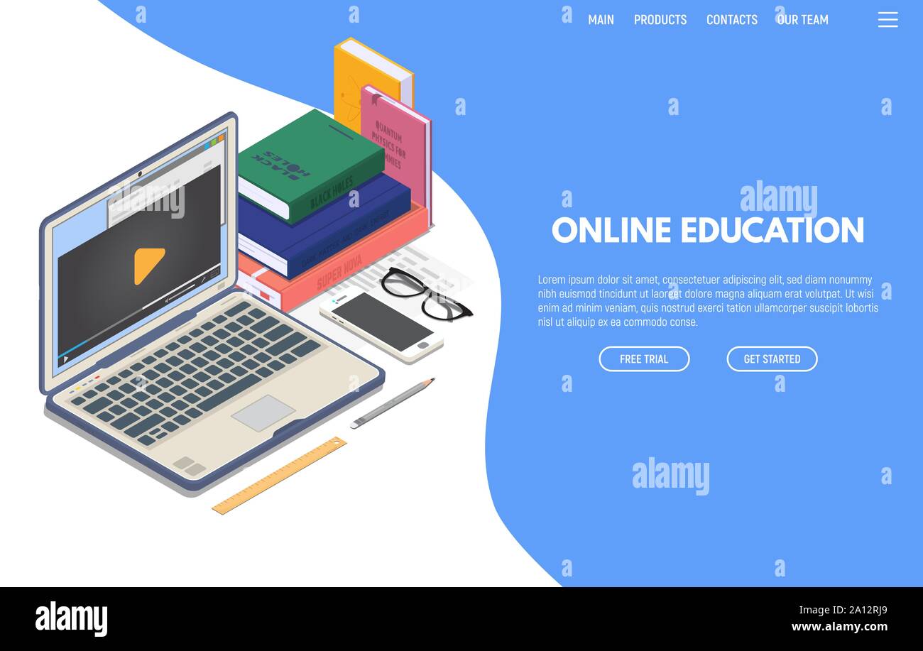 Online education on computer web app. Isometric laptop with online ...