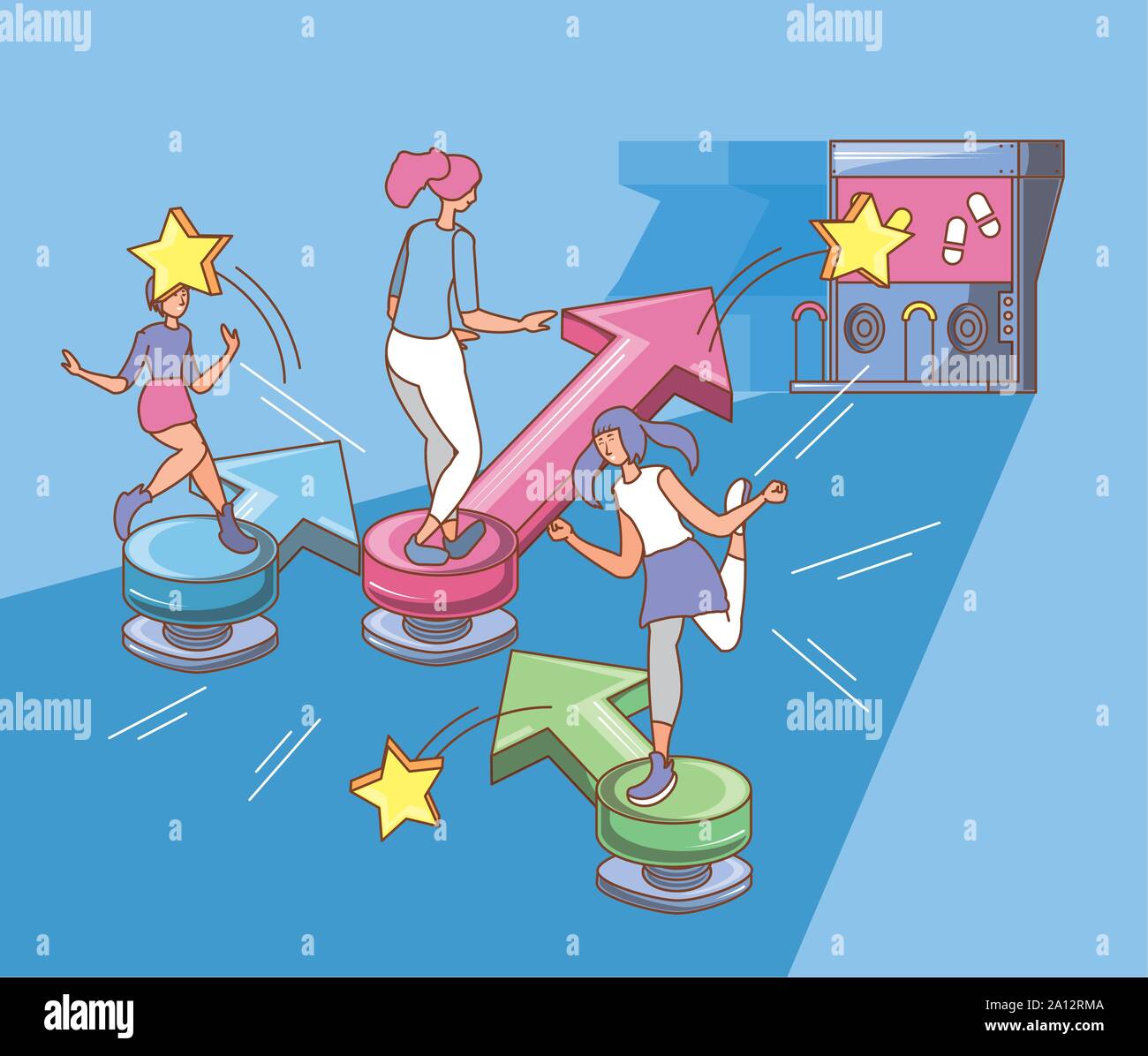 couple in video game console of coins with stuffed toys vector ...