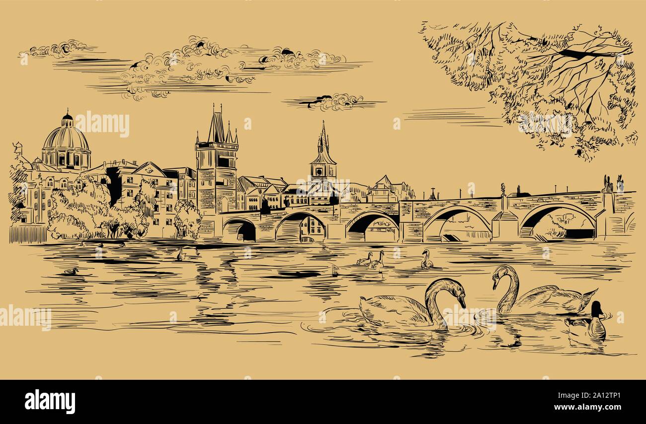 Vector hand drawing Illustration Cityscape of Charles Bridge and swans ...