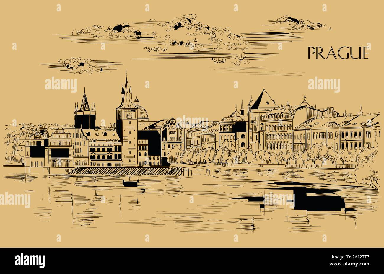 Vector hand drawing Illustration of Prague old city panorama, river ...