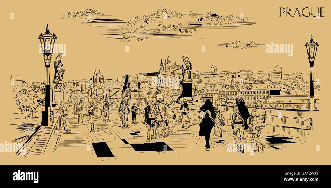Vector hand drawing Illustration of Charles Bridge and panorama of ...
