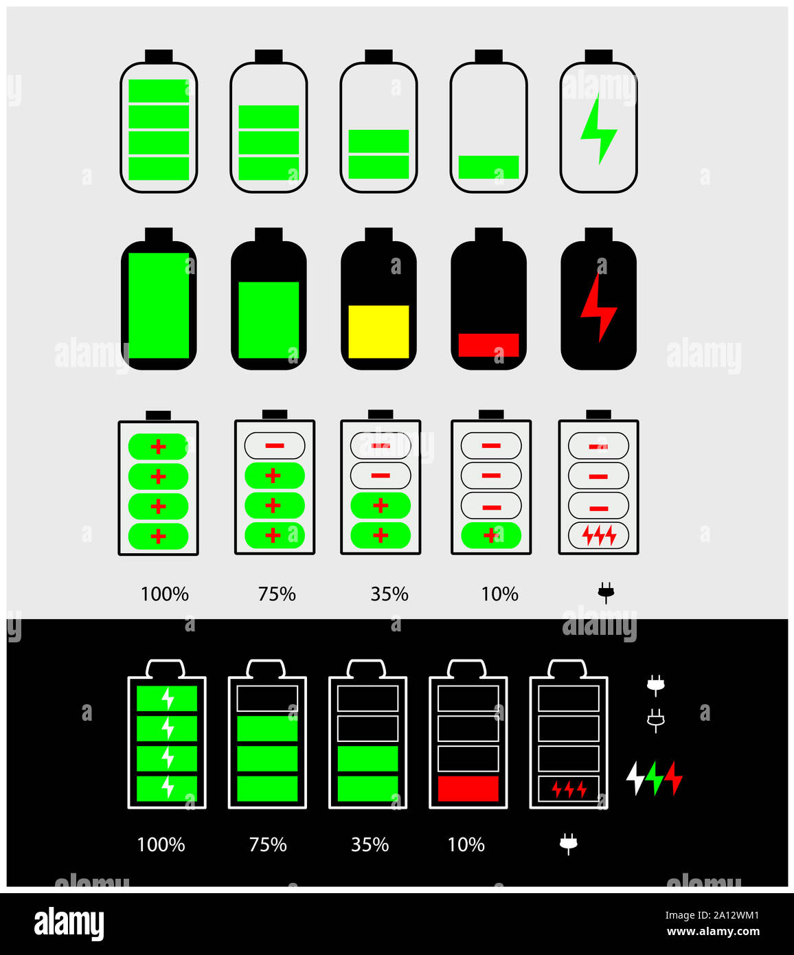 Battery phone in different case of charge from low to 100% charge Stock ...