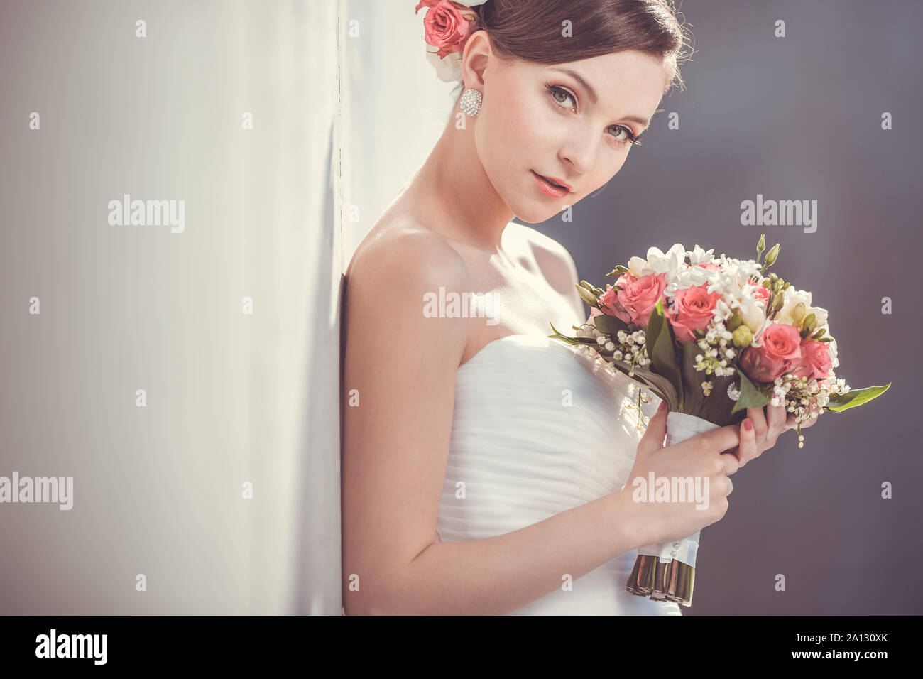 Gorgeous bride on her wedding day (color toned image; shallow DOF Stock ...
