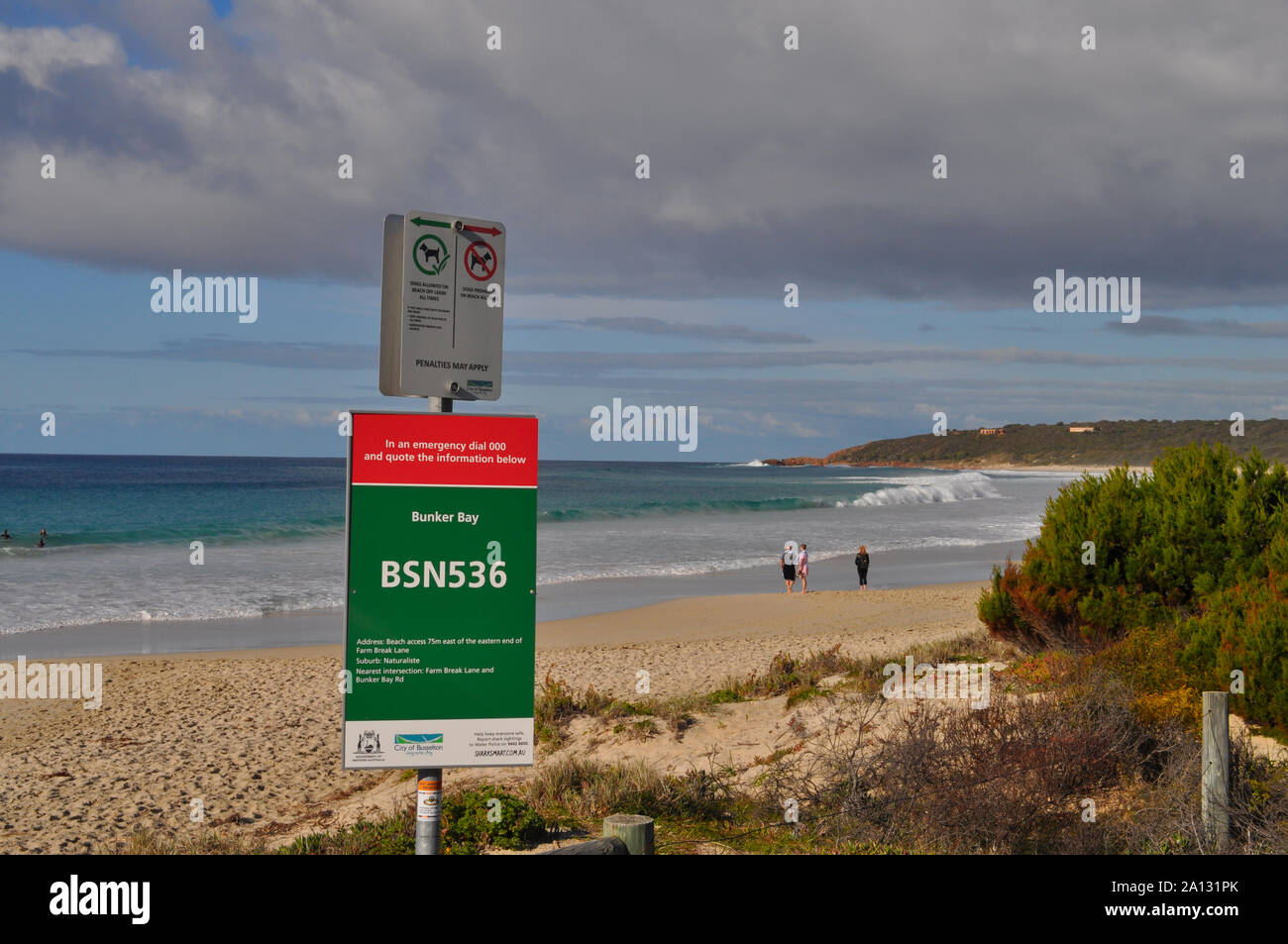 Information signboard on the beautiful white sand beach at Bunker Bay ...