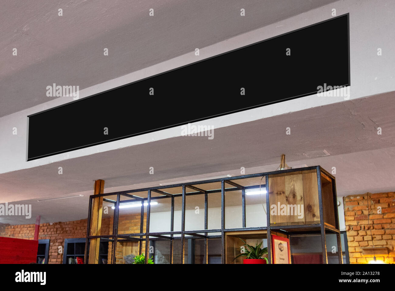Mockup of signboard on ceiling beam in office or public place with copy ...